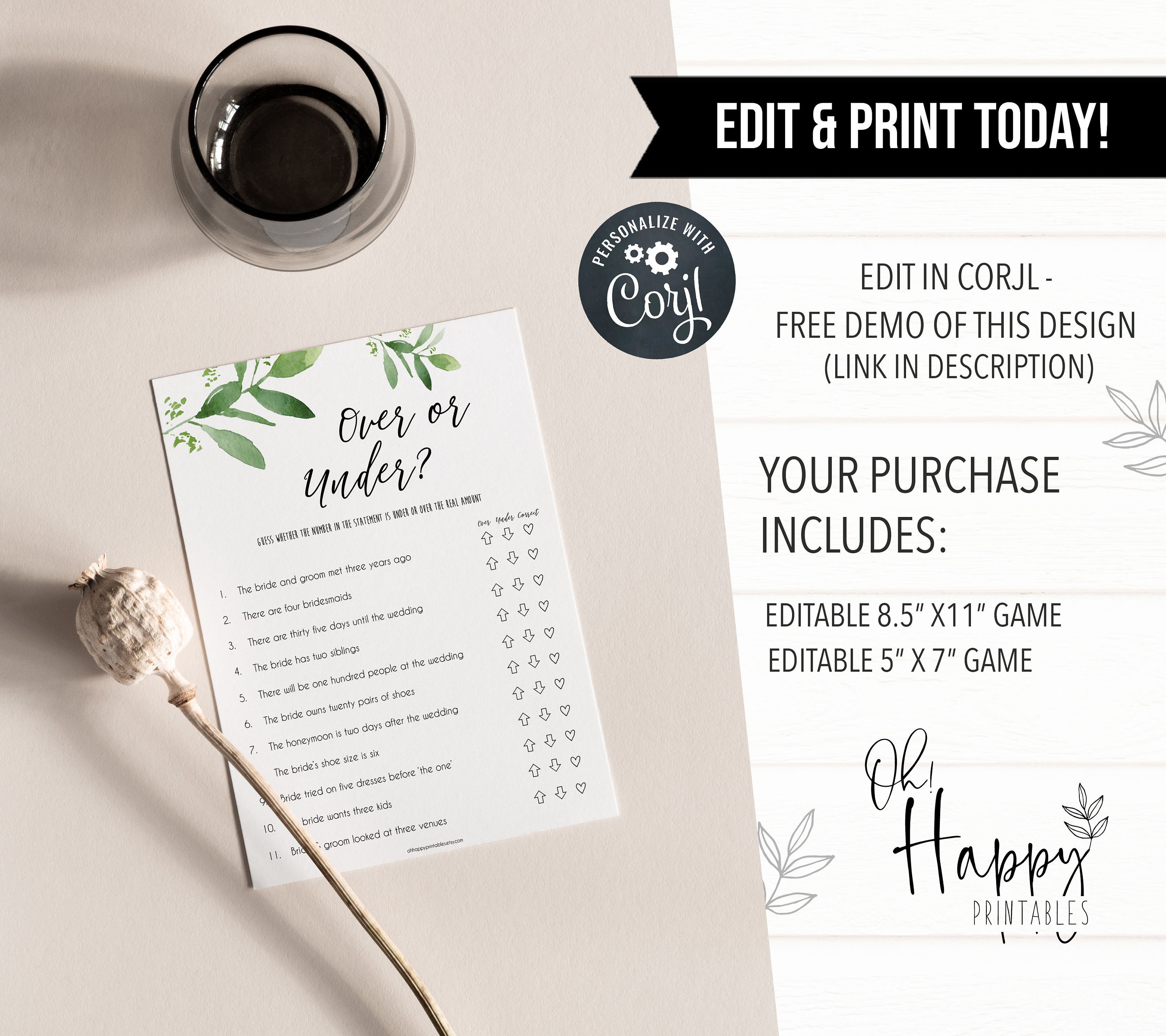 Editable Same Sex Bridal Shower Game Over Or Under Game Etsy