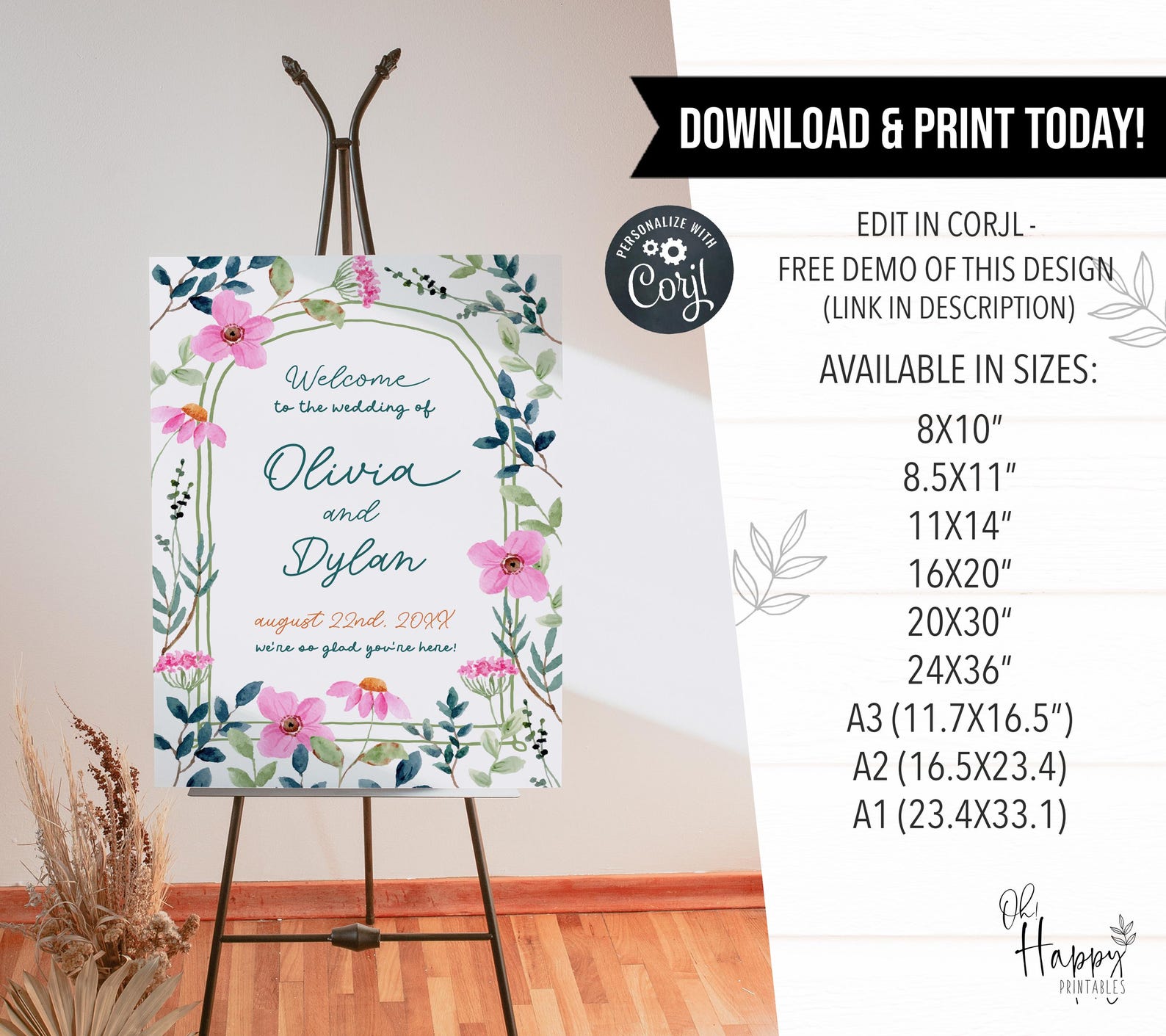Hand Drawn Floral Wedding Welcome Sign, Colourful Spring Wedding ...