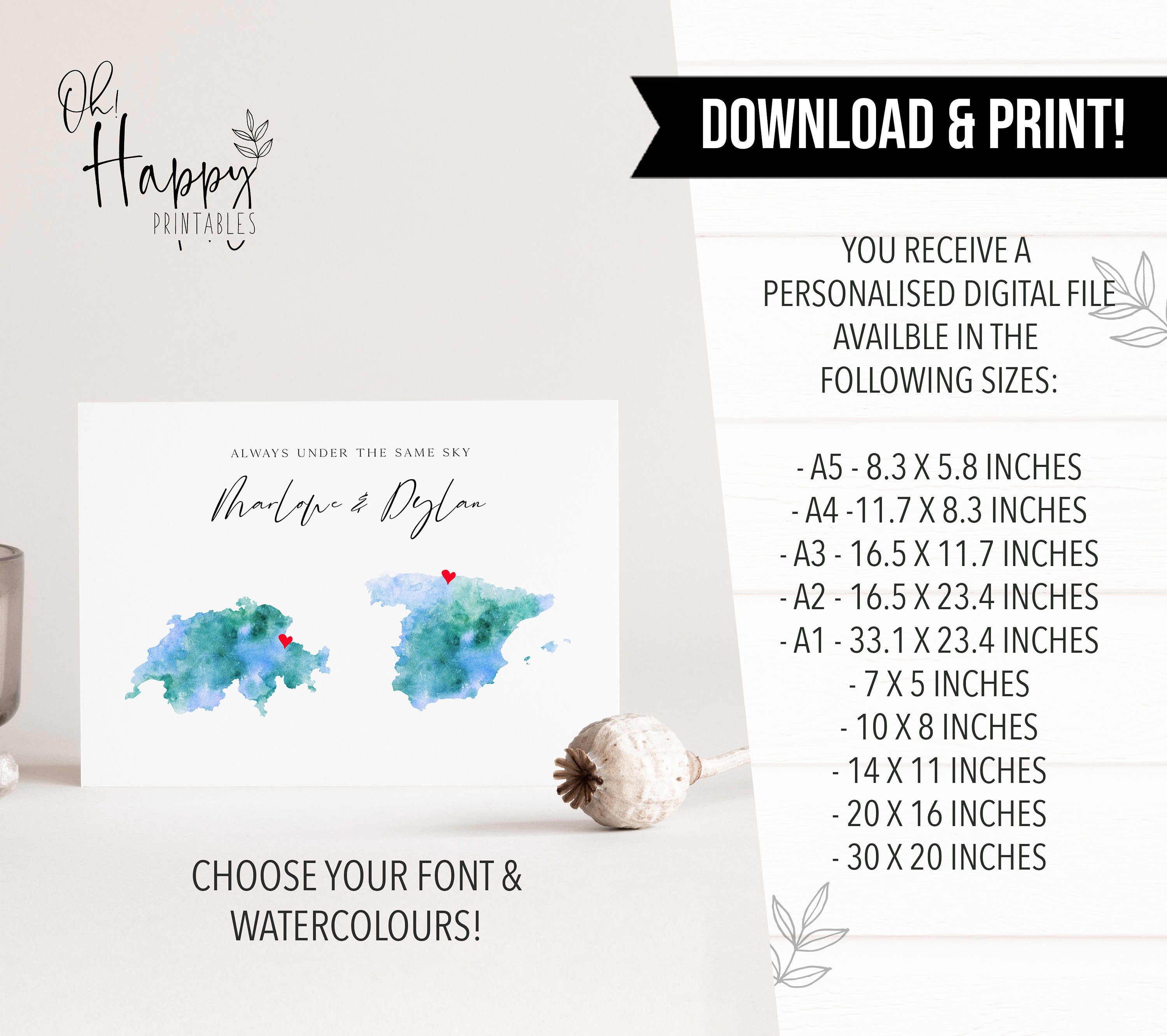 Custom Love Map Printable, Long Distance Relationship Map, Long ...