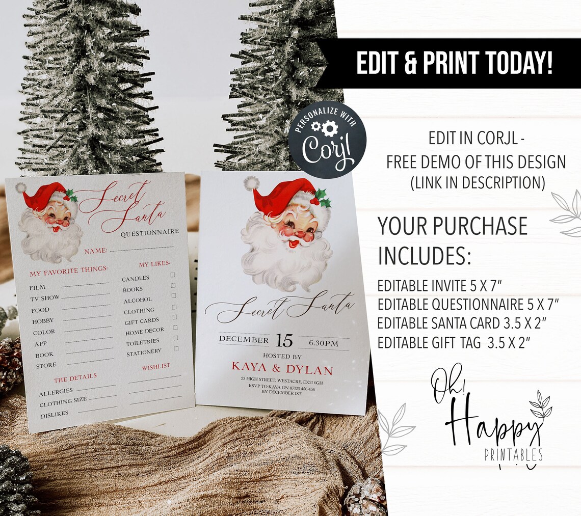 Retro Secret Santa Template Bundle, Christmas Secret Santa Invitation ...