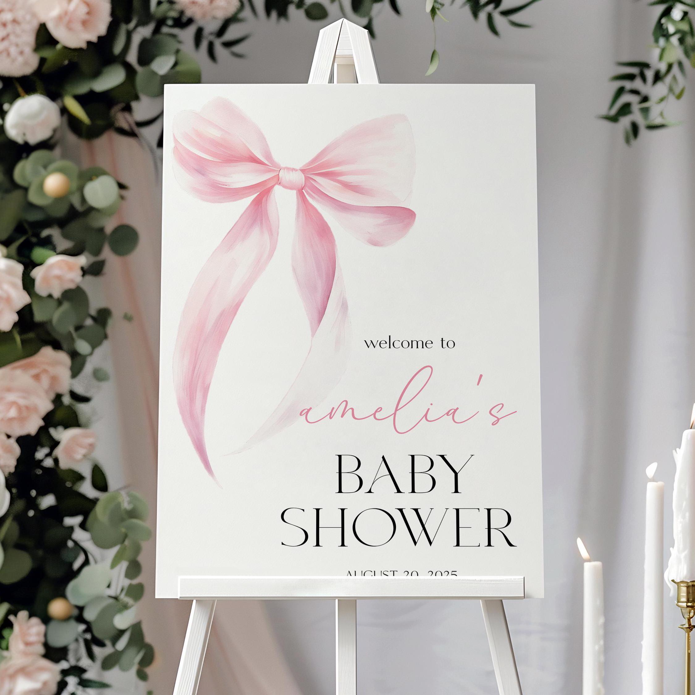 PRINTED + SHIPPED Pink Bow Baby Shower Welcome Sign, Pink Bow Baby ...