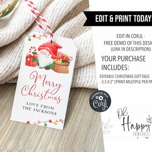Printable Christmas Gnome Gift Tag, Editable Christmas Gift Tag ...