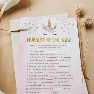 Unicorn Baby Shower, Nursery Rhyme Quiz, Printable Baby Shower Games ...