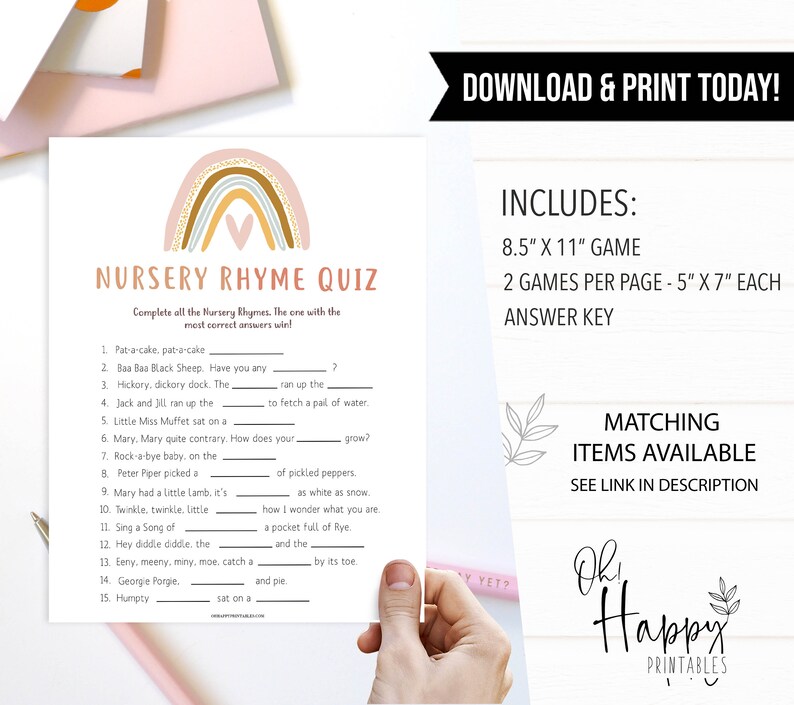 Boho Rainbow Baby Shower, Nursery Rhyme Quiz, Printable Baby Shower ...