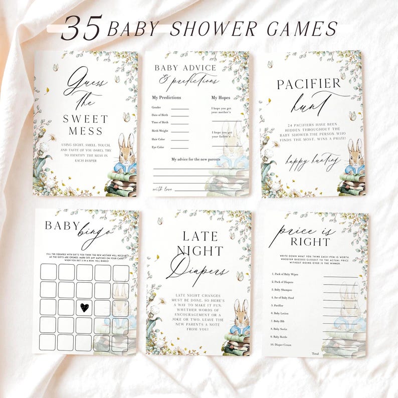 35 Rabbit Baby Shower Games Bundle, A New Chapter Begins Editable Baby ...
