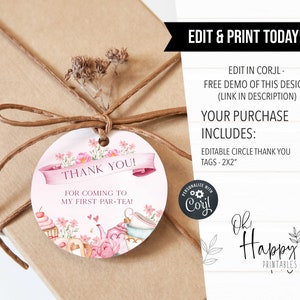 Editable Circle Tags, Tea Party Birthday Thank You Tags, Whimsical High ...