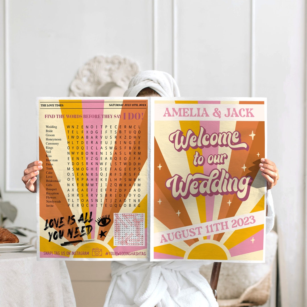Retro 70s Wedding Newspaper Program Template, Editable Wedding ...