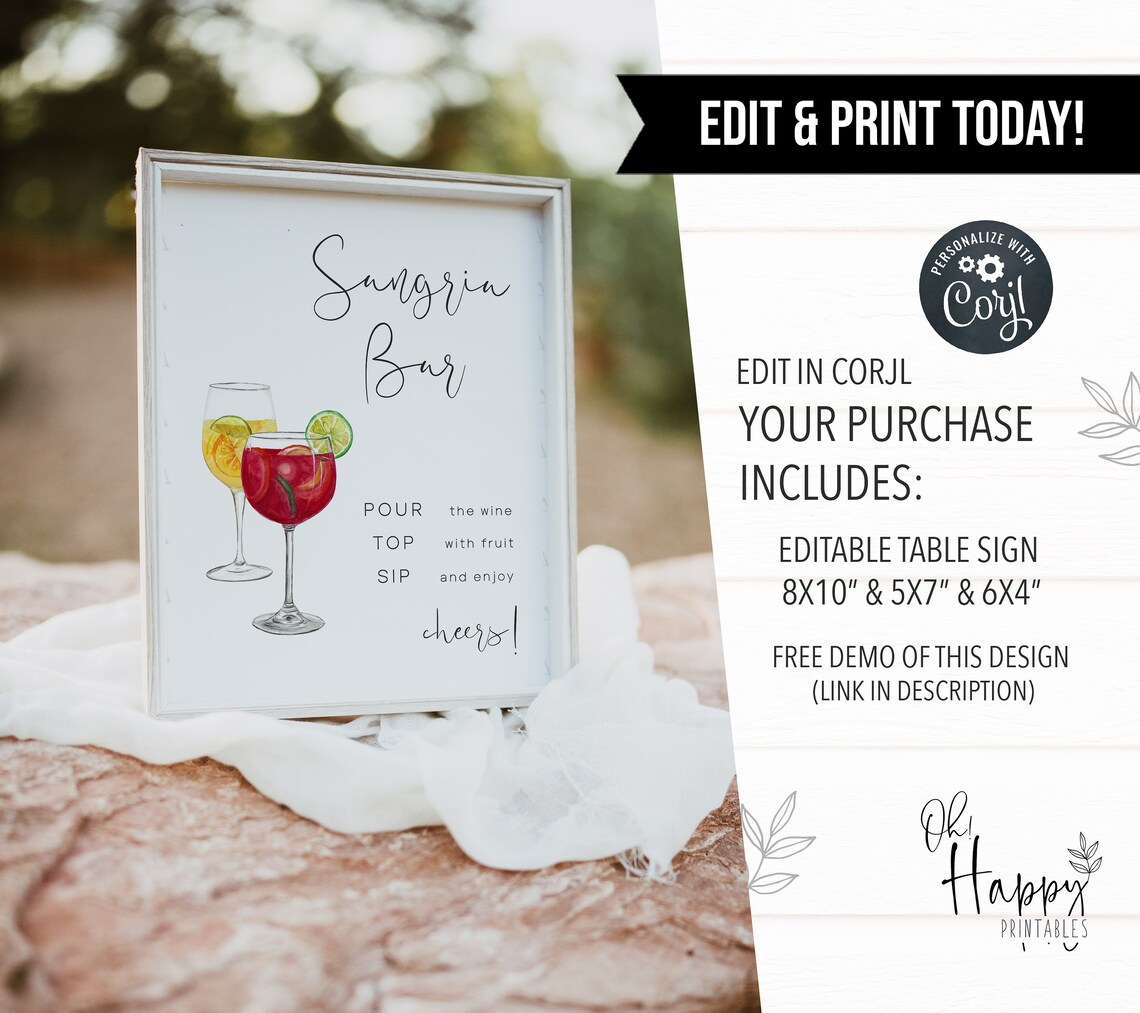 Minimalist Wedding Sangria Bar Sign Editable Template Sign, Sangria Bar ...