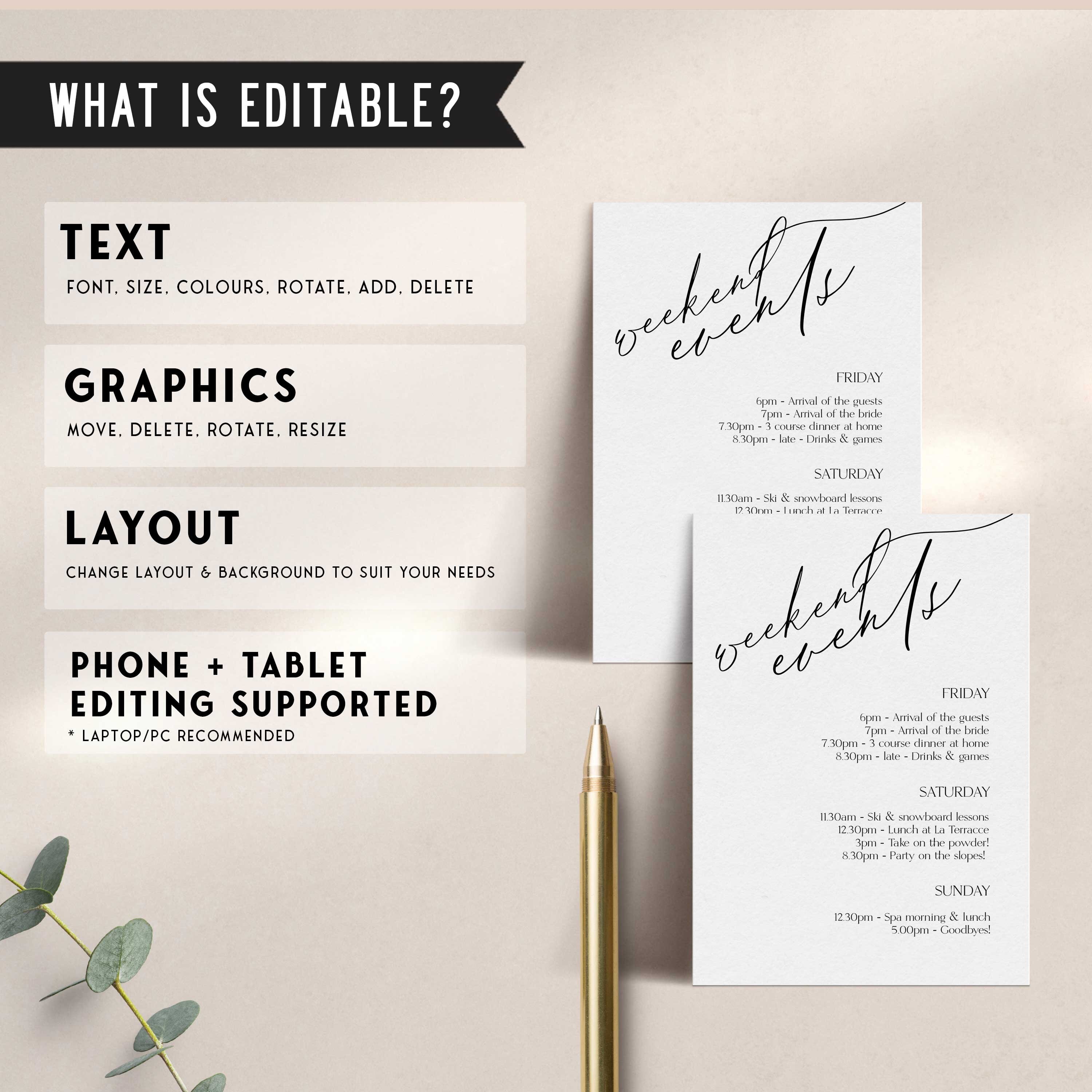 MIA Calligraphy Itinerary Template, Bachelorette Itinerary, Editable ...