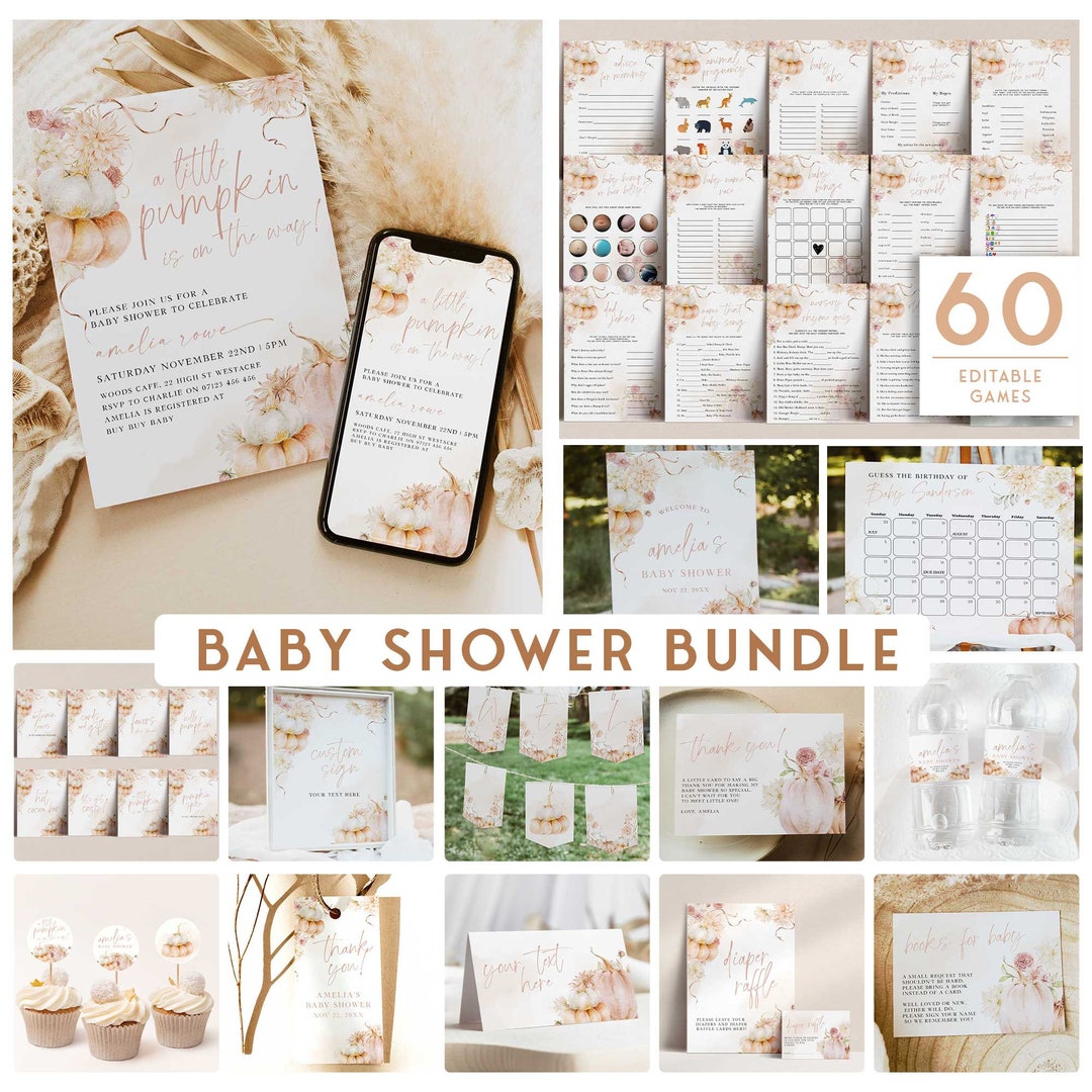 Little Pumpkin Fall Baby Shower Bundle, Editable Floral Pumpkin Set ...