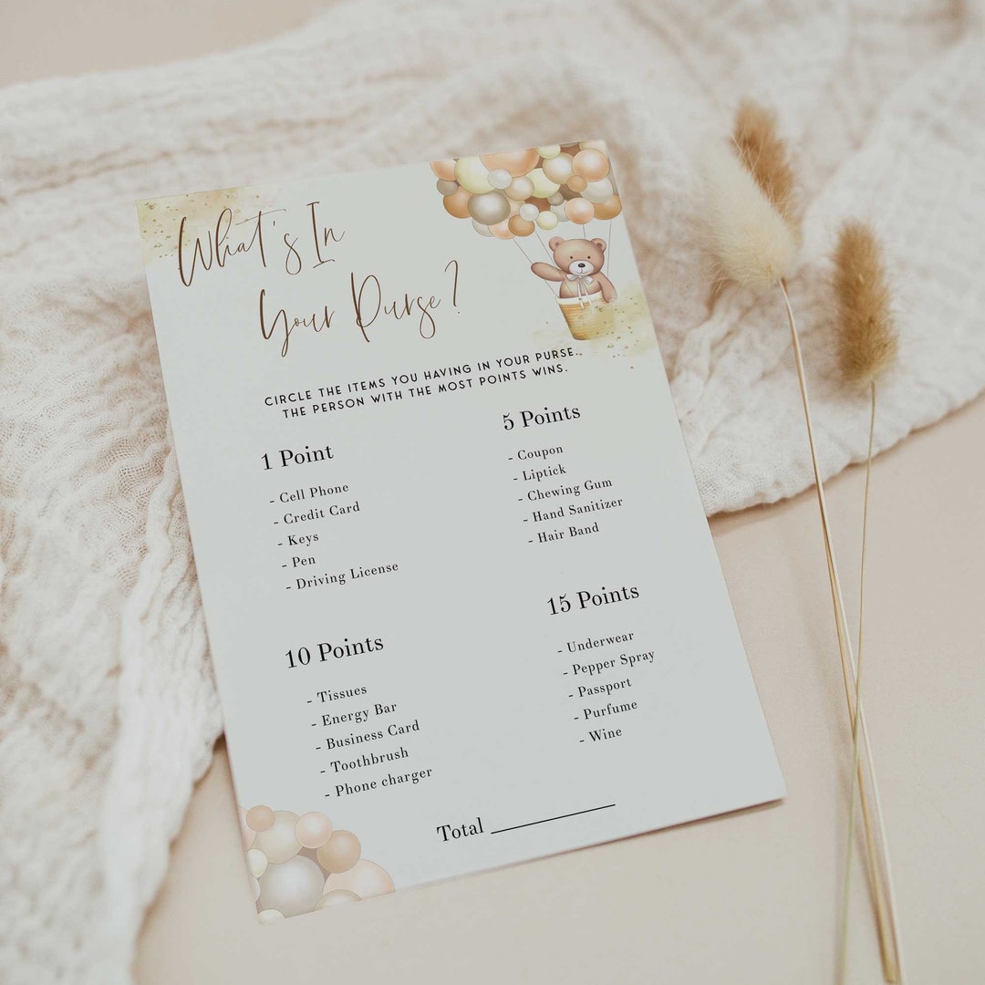 What's in Your Purse Baby Game, Printable Baby Shower Games, Teddy Bear ...