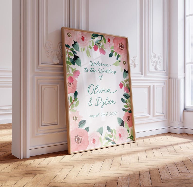 Hand Drawn Wedding Welcome Sign, Colourful Spring Floral Wedding ...