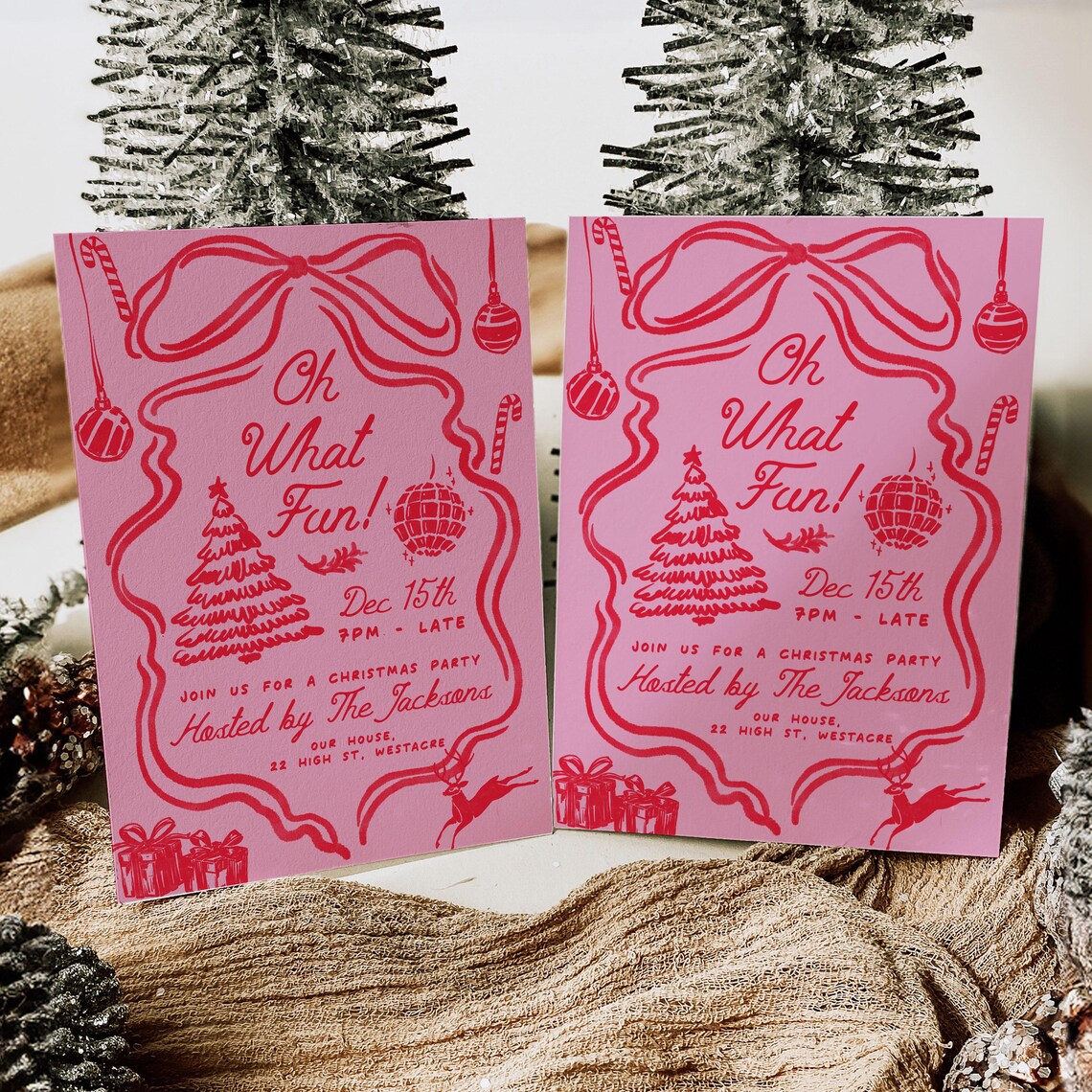Pink Christmas Party Invitation Template, Hand Drawn Holiday Party ...