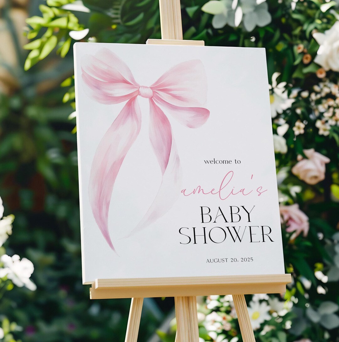 PRINTED + SHIPPED Pink Bow Baby Shower Welcome Sign, Pink Bow Baby ...