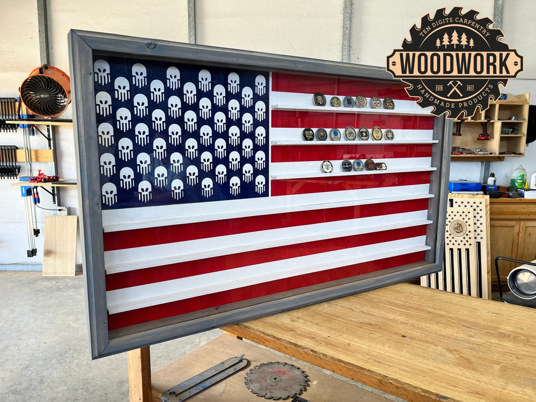 3XL US Flag Challenge Coin Display Case W/ Sliding Door free ...