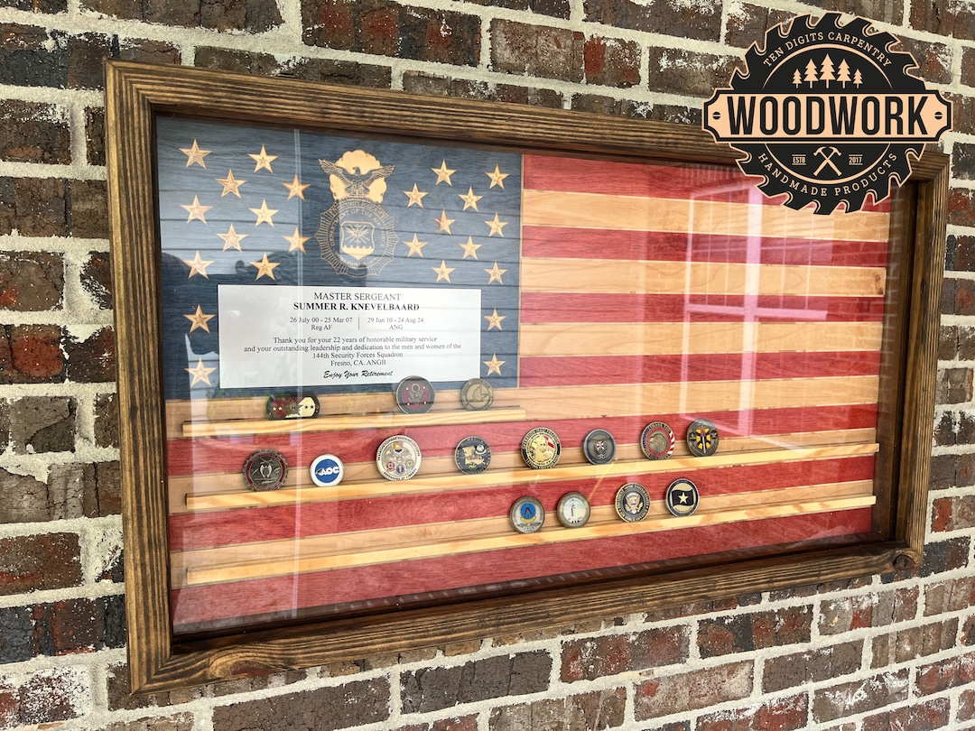 XL Glass Encased US Flag Challenge Coin Display Case W/ Hinged Doors ...