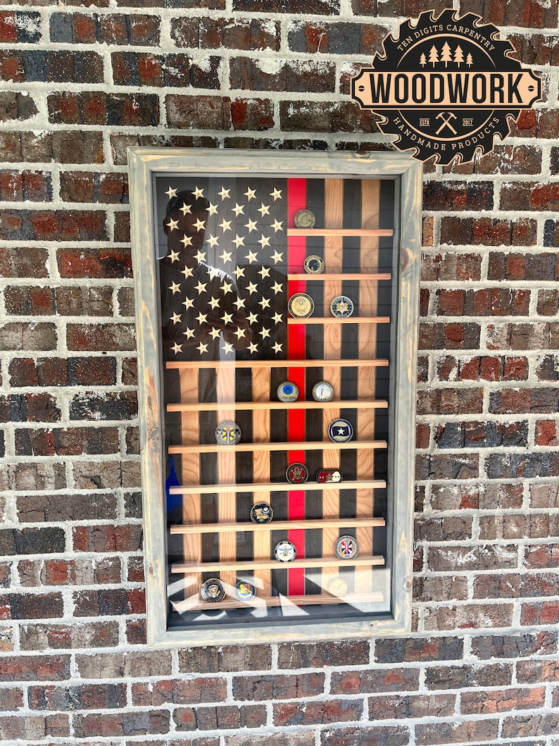 Large Glass Encased Vertical US Flag Thin Red Line Challenge Coin ...