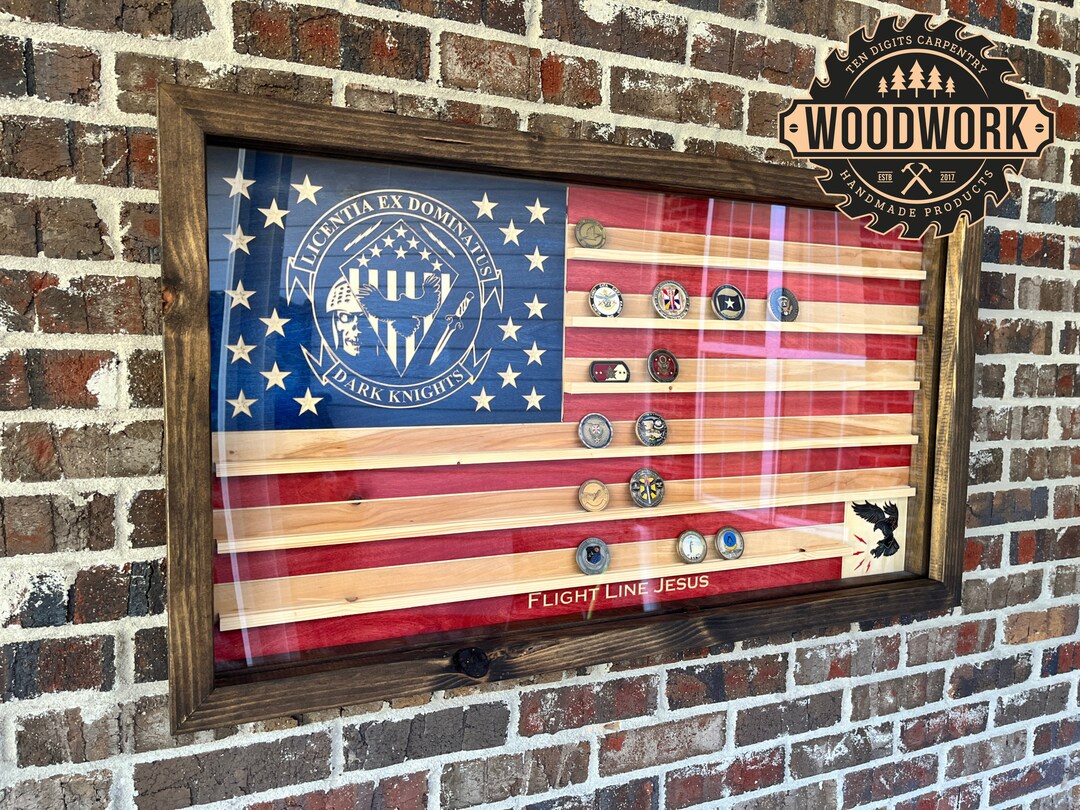 XL Glass Encased US Flag Challenge Coin Display Case W/ Hinged Doors ...