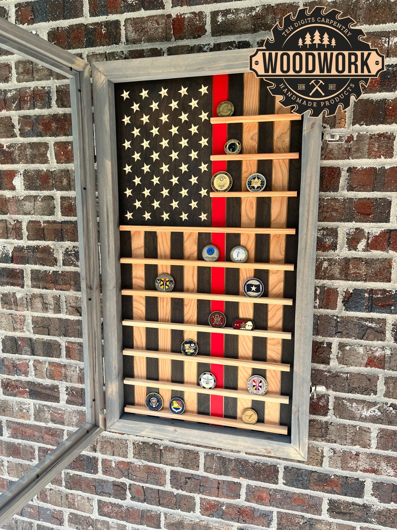 Large Glass Encased Vertical US Flag Thin Red Line Challenge Coin ...