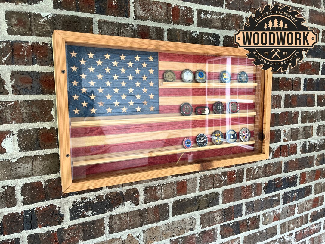 Med US Flag Challenge Coin Display Case W/ Sliding Door & Cedar Frame ...
