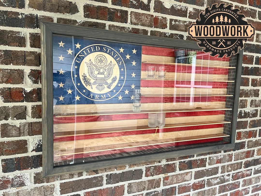 XL US Flag Shadow Box or Shot Glass W/ US Army Seal Display Case w/ 2 ...