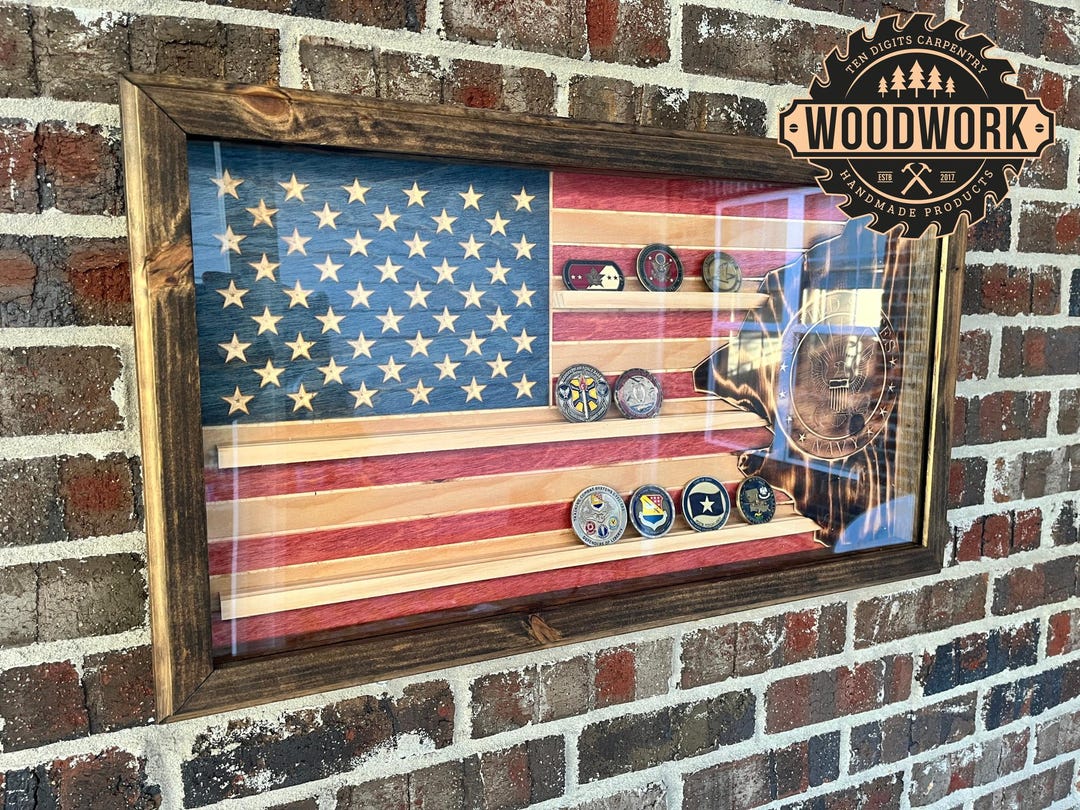 Med Glass Encased US Flag Challenge Coin Display Case W/ Sliding Door ...
