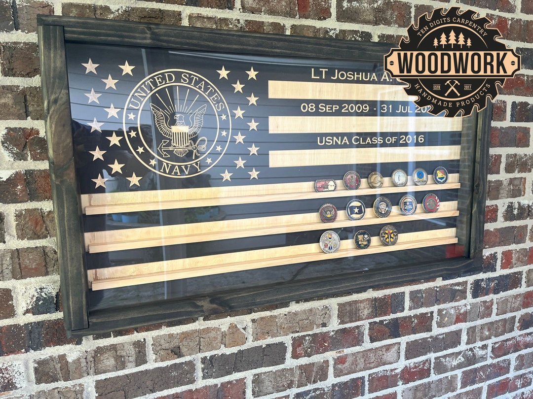 Large Glass Encased US Flag USN Logo Challenge Coin Display Case W ...