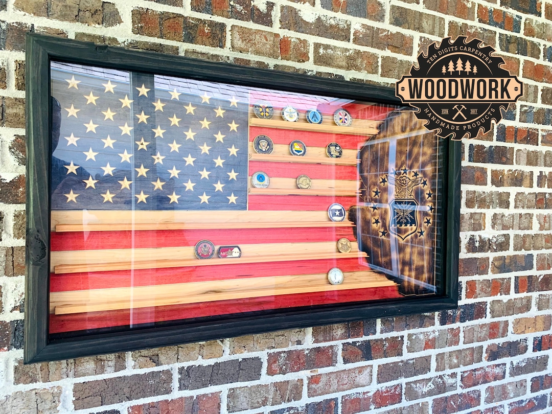 XL US Flag Challenge Coin Display Case W/ Hinged Door & Burnt Emblem ...