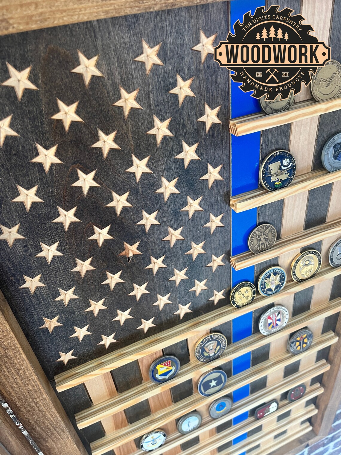 Large Glass Encased Vertical US Flag Thin Blue Line Challenge Coin ...