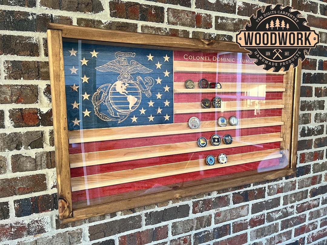 XL US Flag Challenge Coin Display Case W/ Sliding Door & USMC Emblem ...