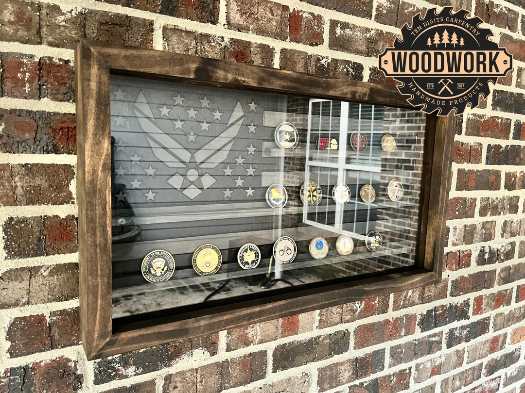 Med US Flag Subdued Challenge Coin Display Case W/ Hinged Door & USAF ...