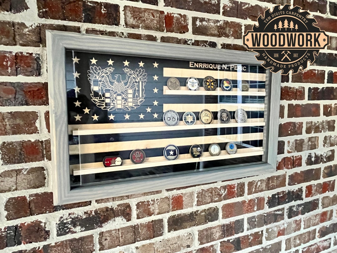 Med US Flag Subdued Challenge Coin Display Case W/ Hinged Door & Emblem ...