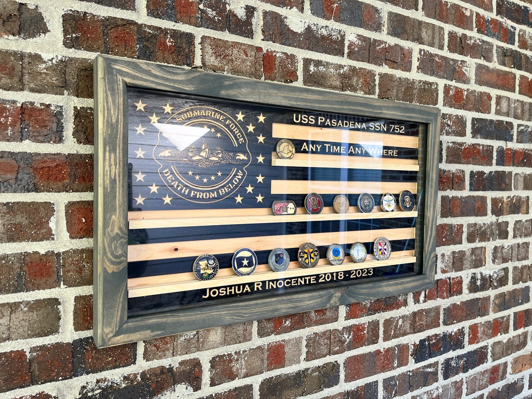 Med US Flag Subdued Challenge Coin Display Case W/ Hinged Door & Emblem ...