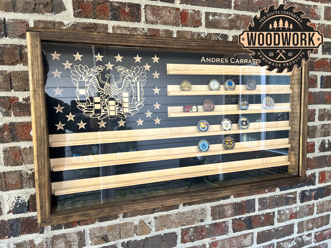 Large US Flag Challenge Coin Display Case W/ Sliding Door & Custom Logo ...