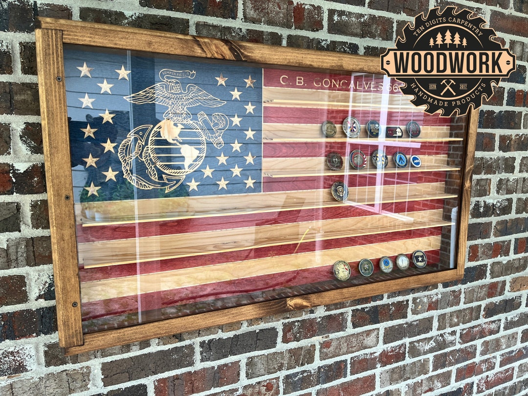 XL US Flag Challenge Coin Display Case w/ USMC Emblem & Free ...
