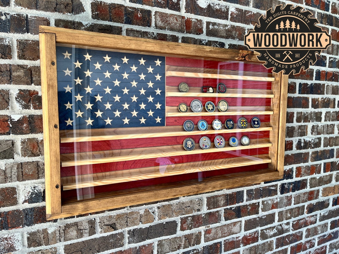 Large US Flag Challenge Coin Display Case W/ Sliding Door (free ...