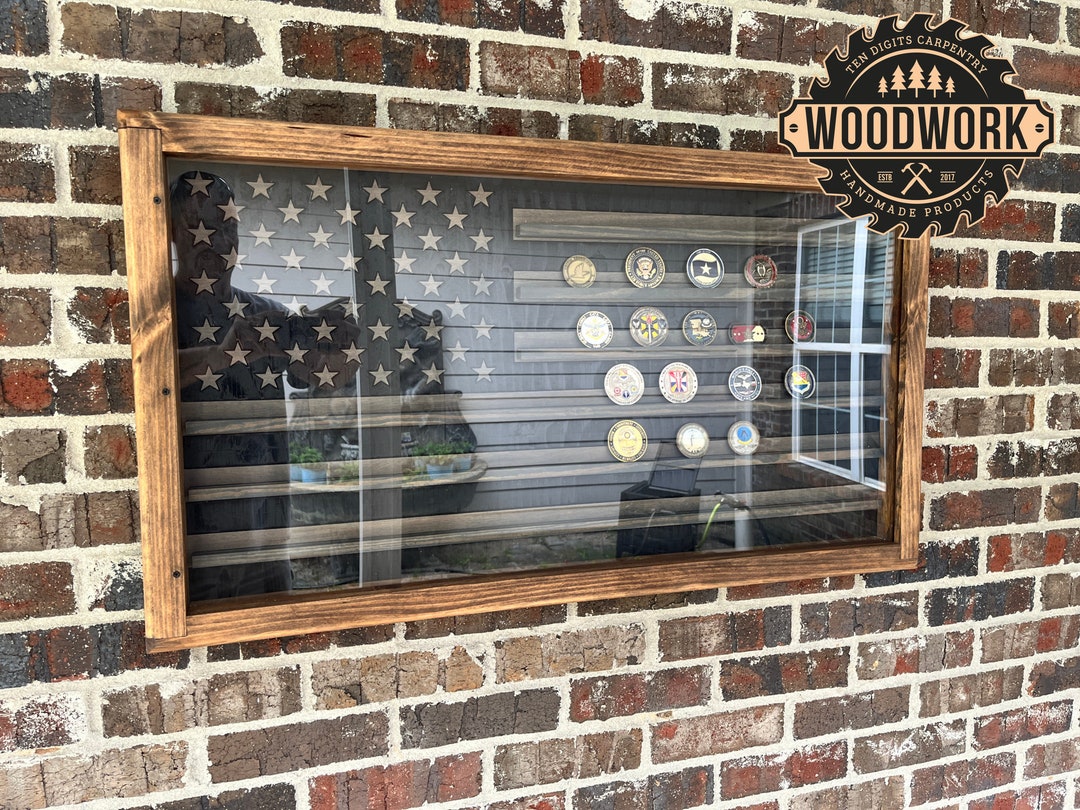 Large Glass Encased US Flag I-cnc Subdued Challenge Coin Display Case W ...