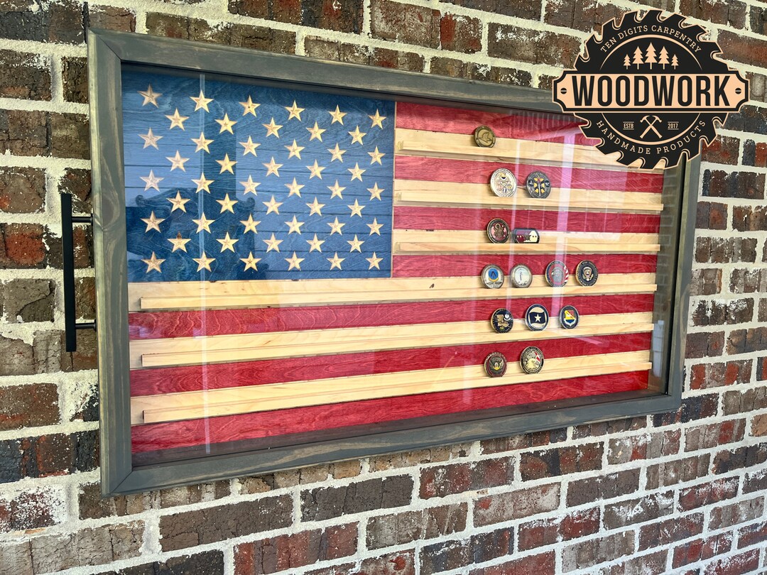 XL Glass Encased US Flag Challenge Coin Display Case W/ Sliding Door ...