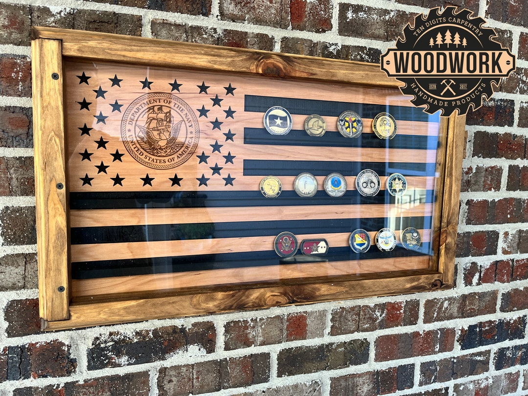 Med Glass Encased US Flag Subdued (negative) Challenge Coin Display ...