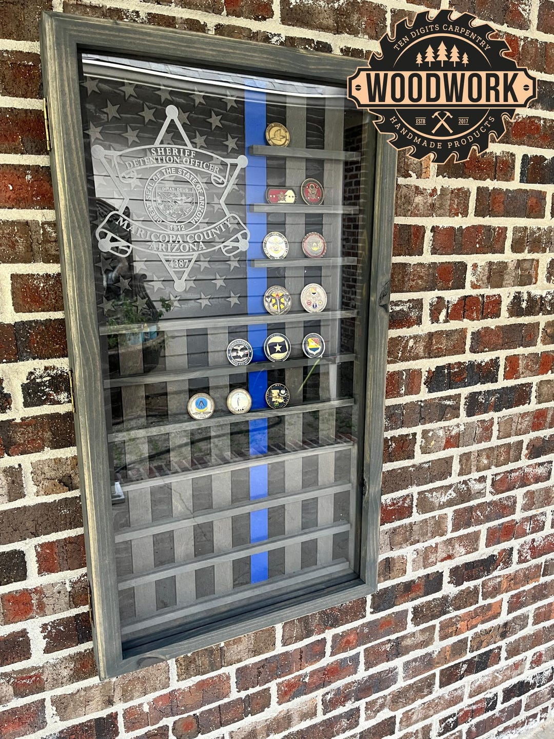 Large Glass Encased Vertical US Flag Thin Blue Line I-cnc Challenge ...