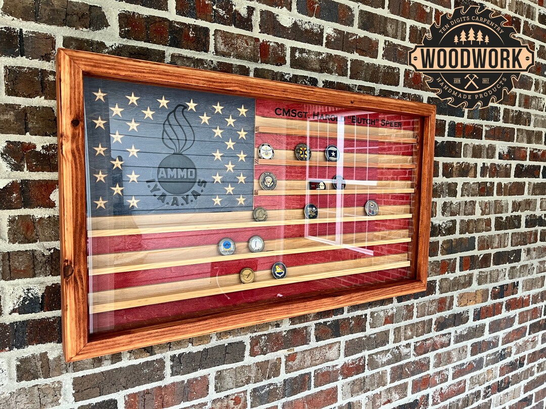 XL Glass Encased US Flag Challenge Coin Display Case W/ Hinged Door ...