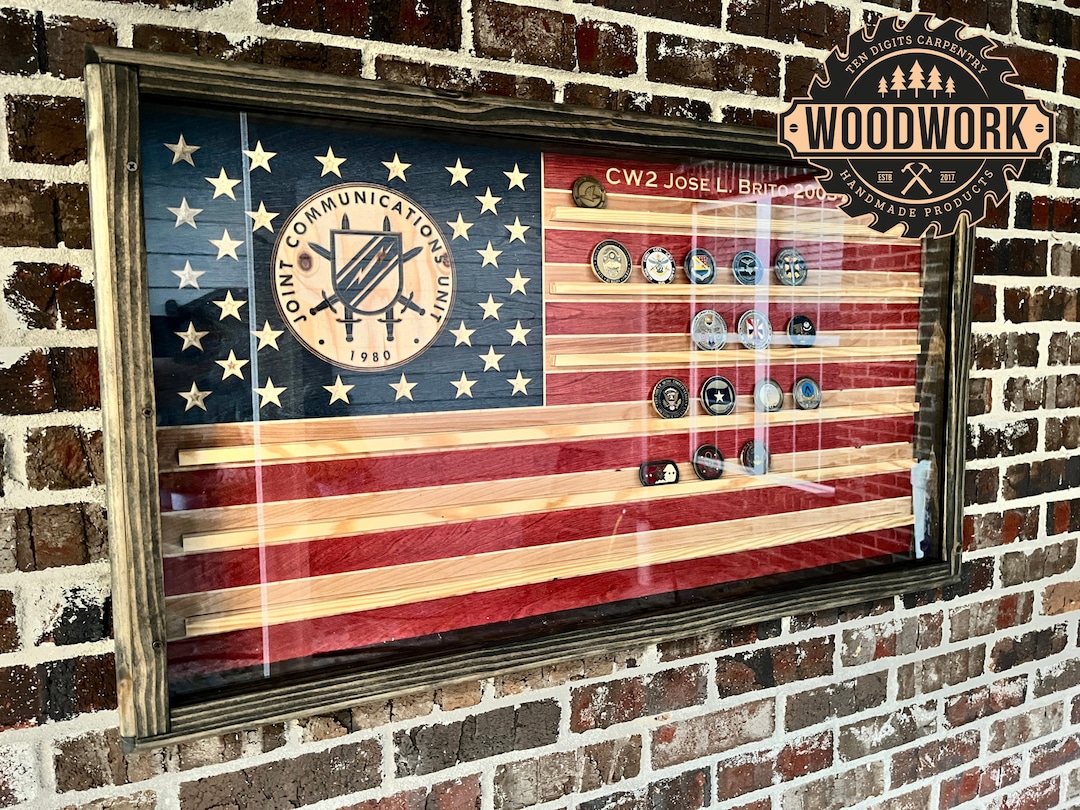 XL Glass Encased US Flag Challenge Coin Display Case W/ Sliding Door ...