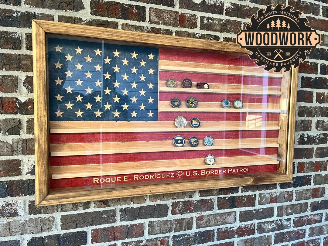XL Glass Encased US Flag Challenge Coin Display Case W/ Sliding Door ...