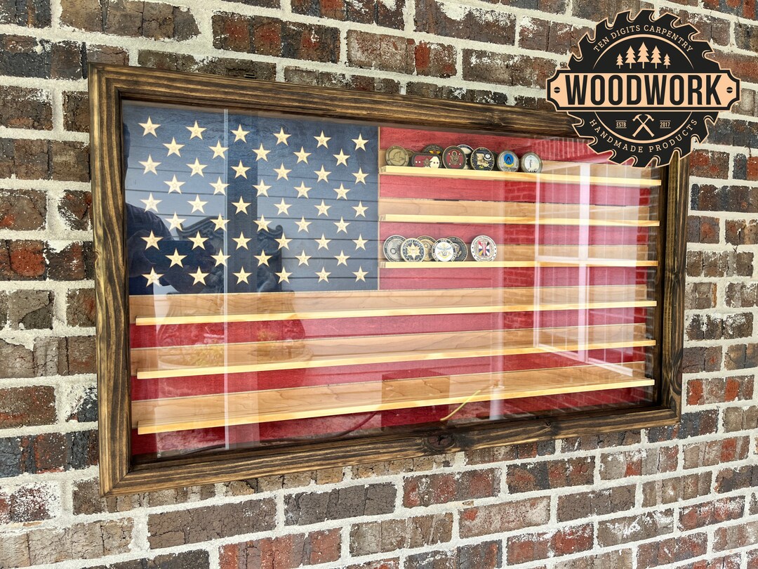 XL Glass Encased US Flag Challenge Coin Display Case W/ Hinged Door ...