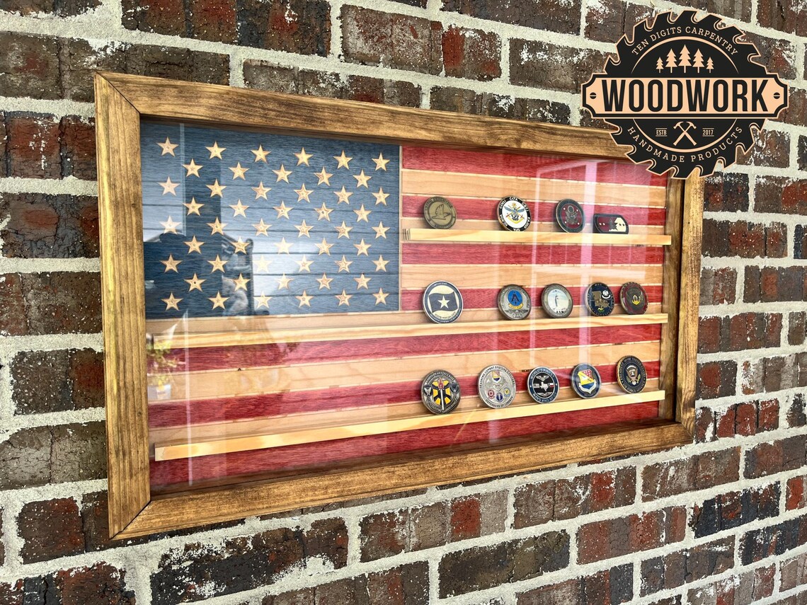 Med Glass Encased US Flag Challenge Coin Display Case W/ Sliding Door ...