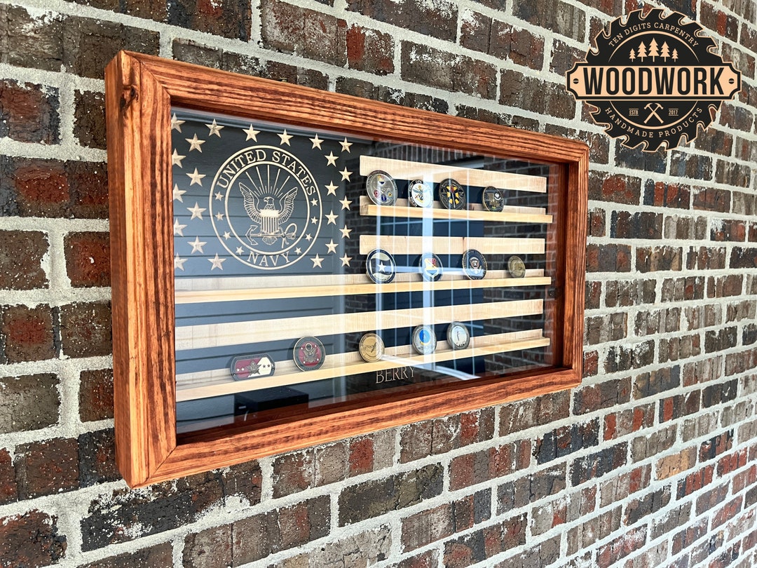 Med US Flag Subdued Challenge Coin Display Case W/ Hinged Door & USN ...