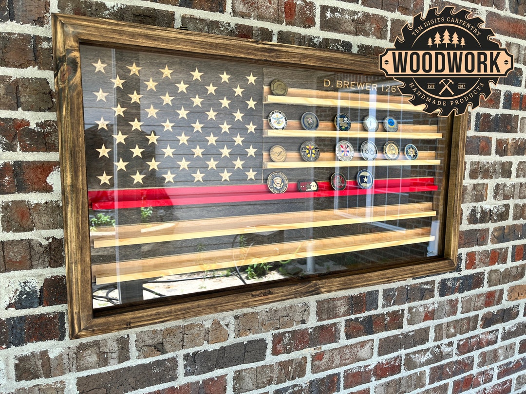 Large Glass Encased US Flag Subdued Laminate Thin Red Line Challenge ...