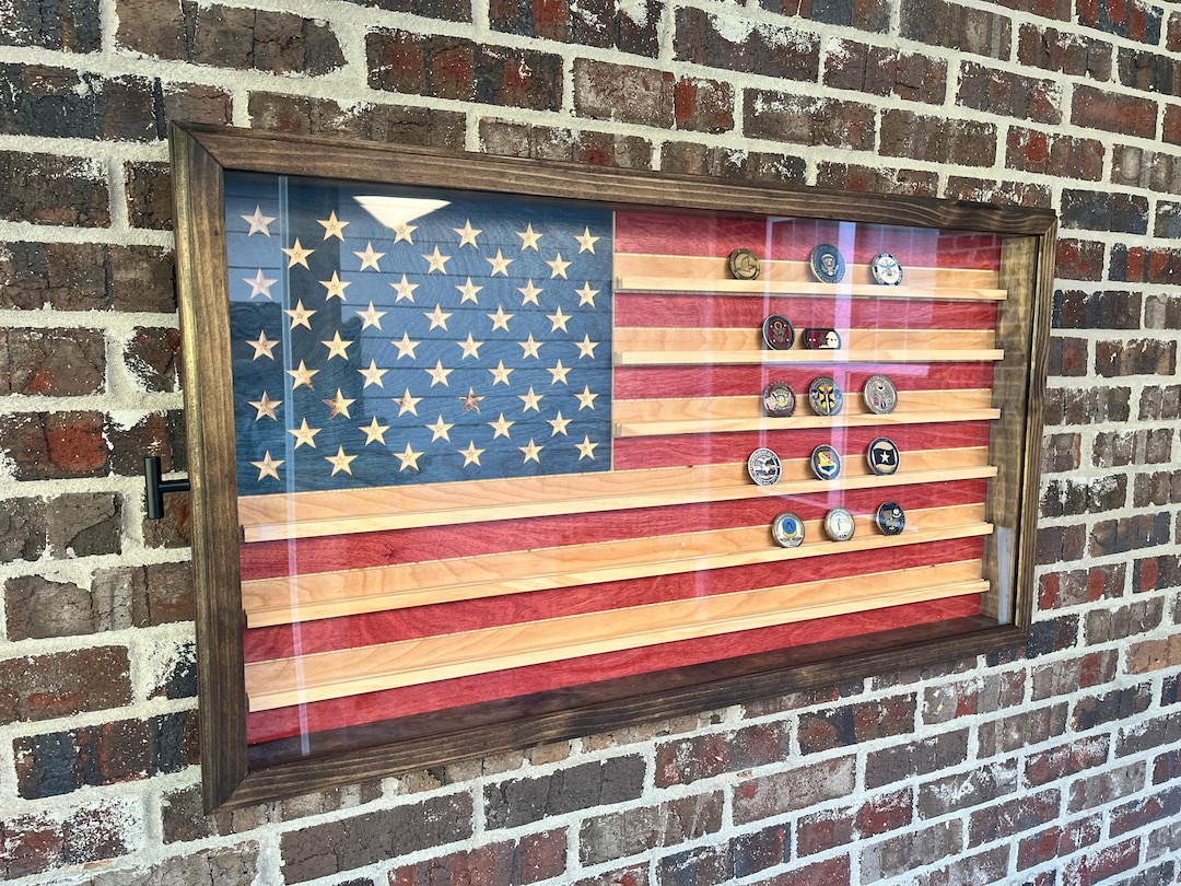 XL Glass Encased US Flag Challenge Coin Display Case W/ Sliding Door ...