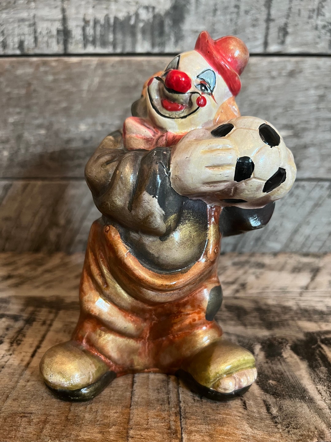Vintage Circus Clown PIGGY BANK Figurine Lace Collar Polka Dots Soccer ...