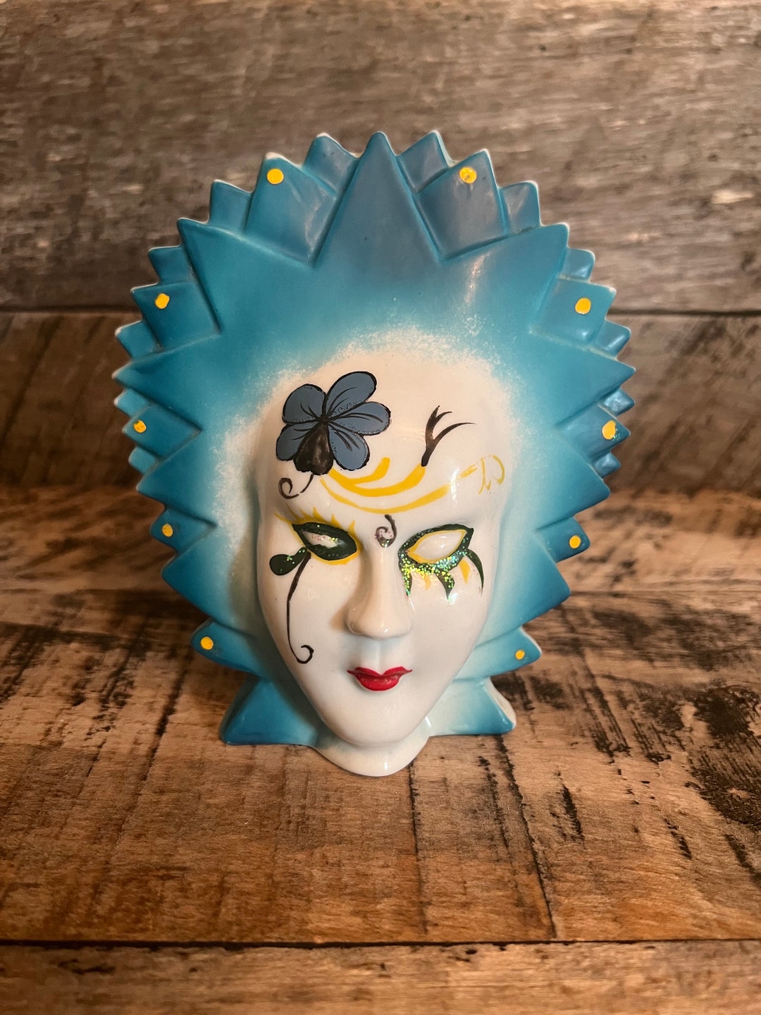 Vintage Masquerade Mask Face Floral Bud Vase Pocket Mardi Gras Retro ...